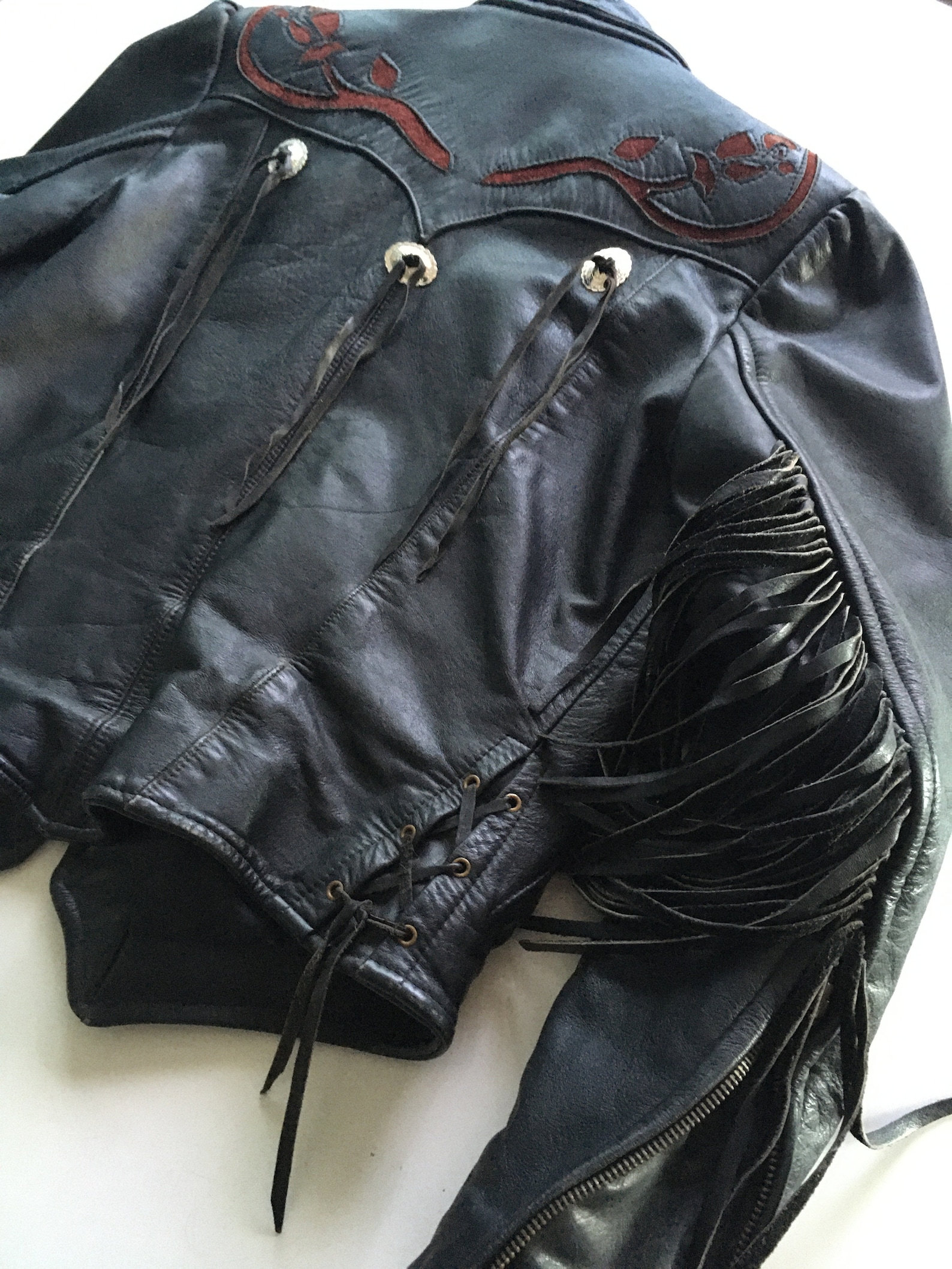 Black Leather Motorcycle Fringe Jacket With Flower Embossing - Etsy
