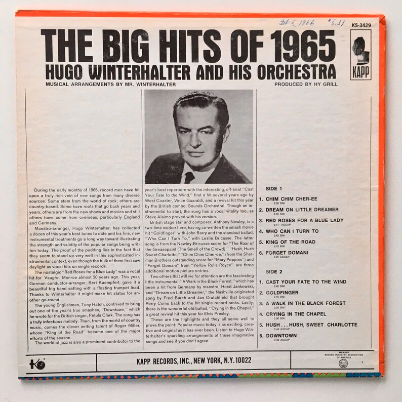 The Big Hits of 1965 LP Vinyl Record Album Kapp-ks-3429 - Etsy