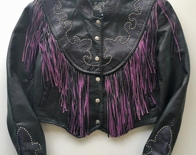 Black Leather and Purple Fringe Jacket Leather Gallery Size - Etsy