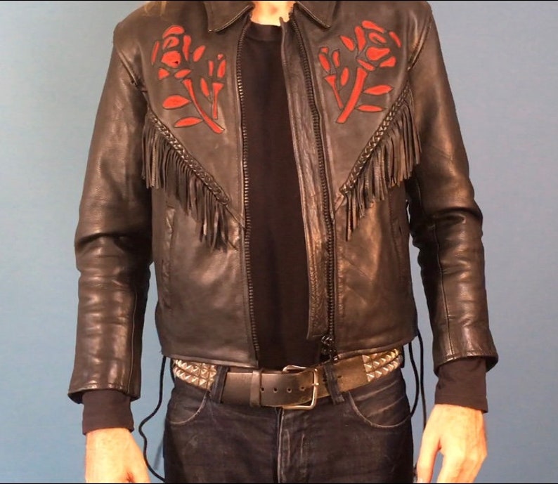 Black Leather Motorcycle Fringe Jacket With Flower Embossing - Etsy