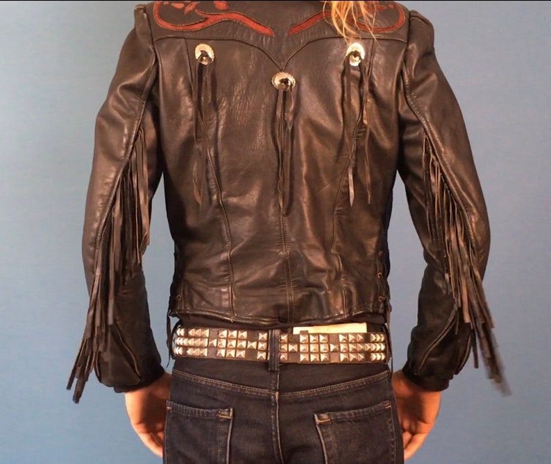 Black Leather Motorcycle Fringe Jacket With Flower Embossing - Etsy