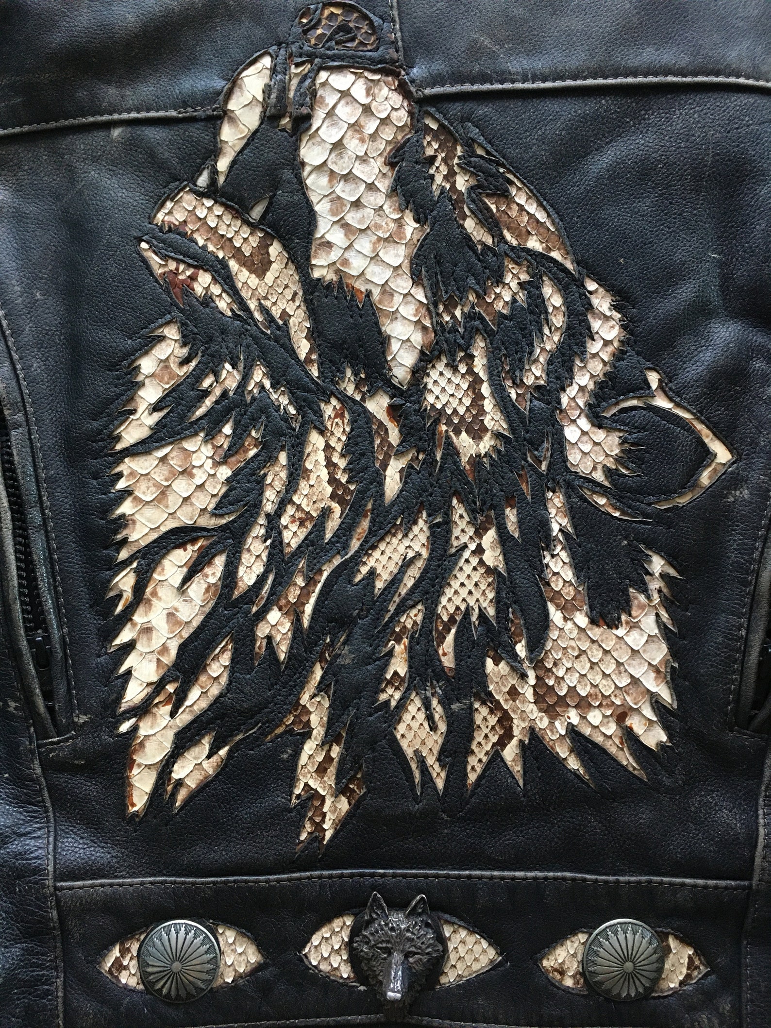 Brown Leather Bomber Jacket With Snakeskin Embossed Wolf - Harley ...