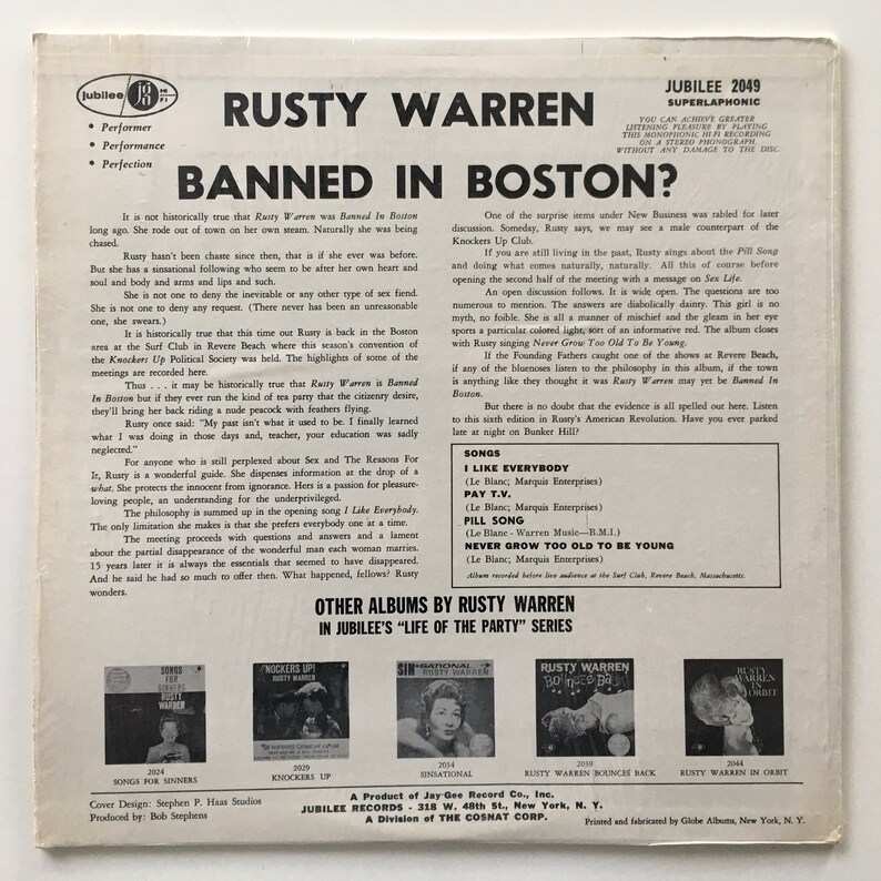 Rusty Warren Banned in Boston LP Vinyl Record Jubilee - Etsy
