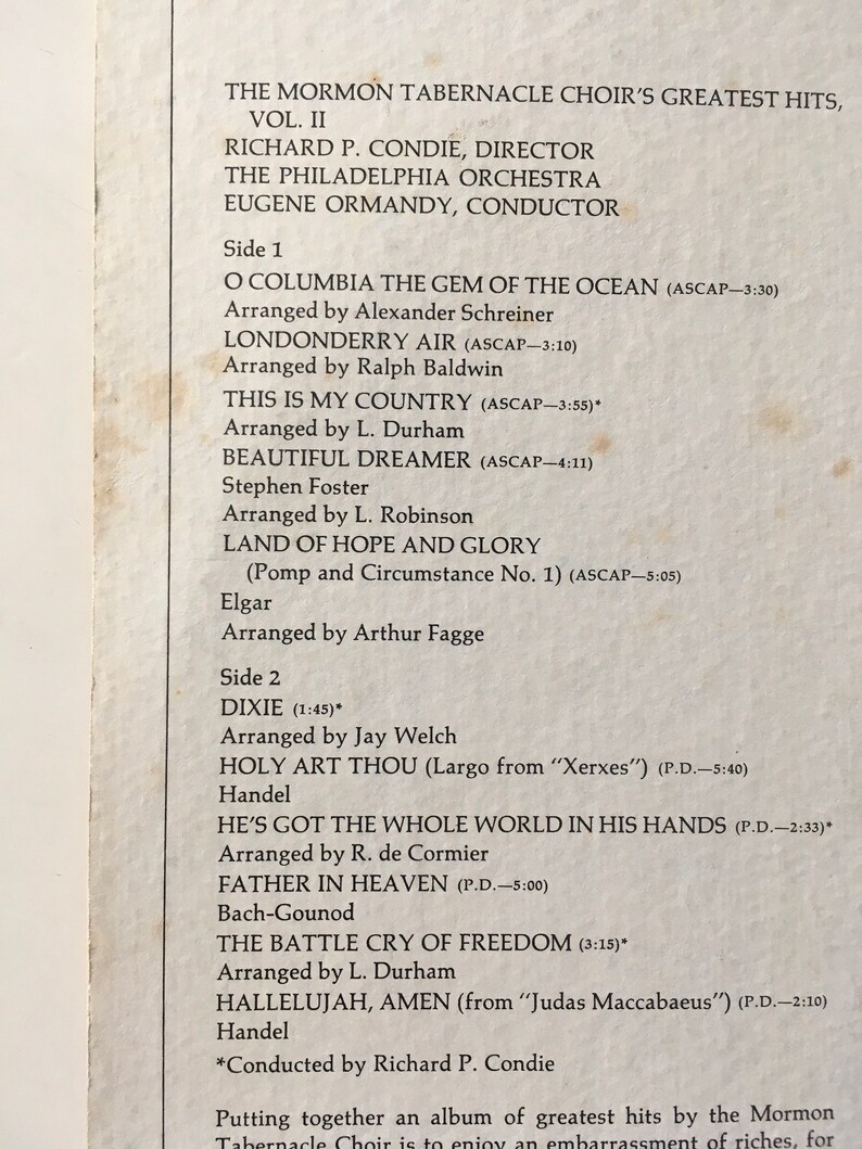 The Mormon Tabernacle Choir's Greatest Hits Vol. II LP - Etsy