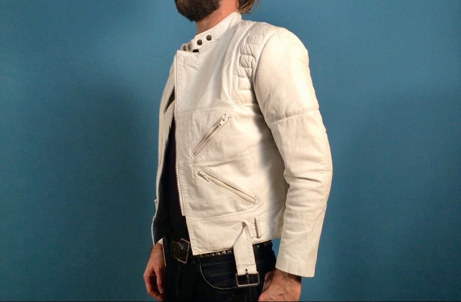 White Leather Motorcycle Jacket Garsel Size 34 - Etsy