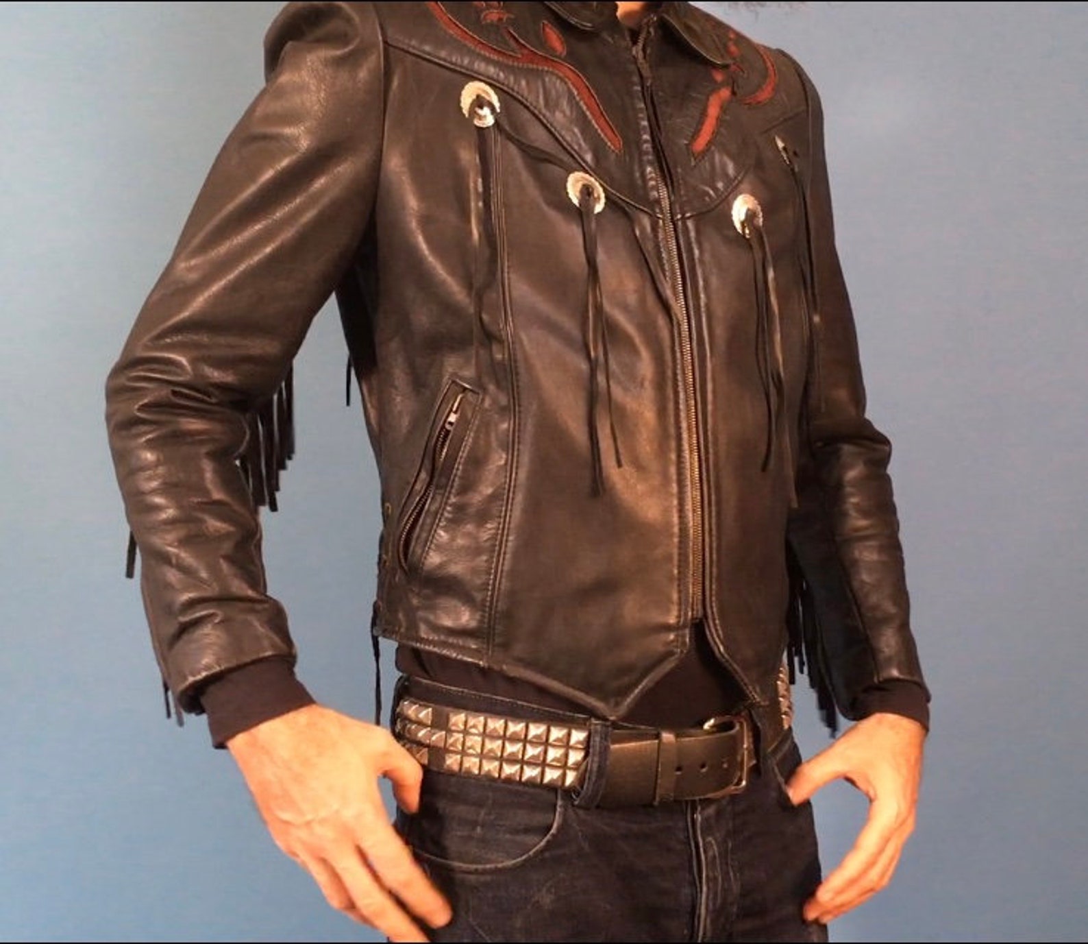 Black Leather Motorcycle Fringe Jacket With Flower Embossing - Etsy
