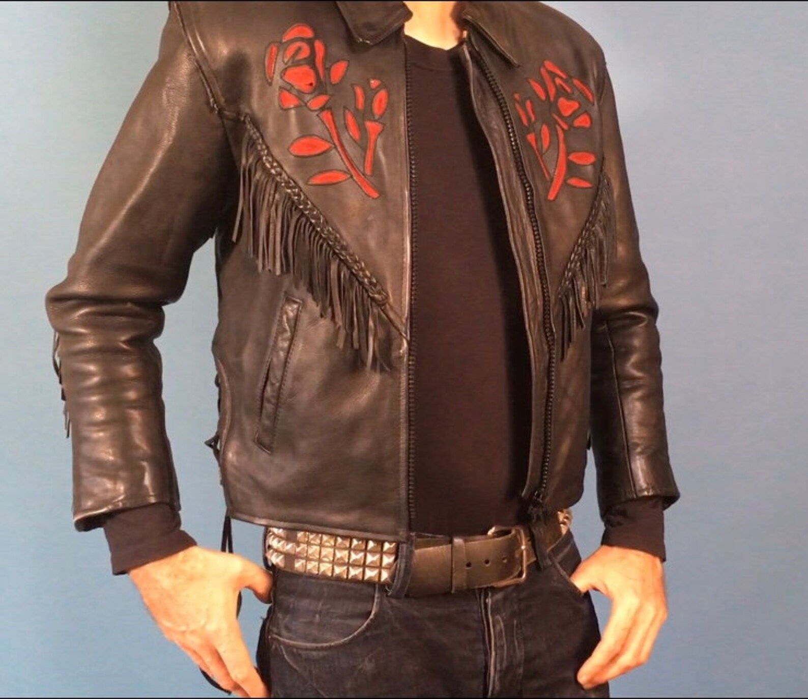 Black Leather Motorcycle Fringe Jacket With Flower Embossing - Etsy