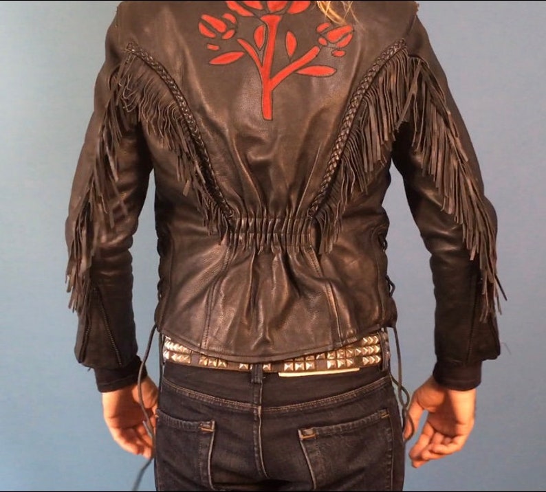 Black Leather Motorcycle Fringe Jacket With Flower Embossing - Etsy
