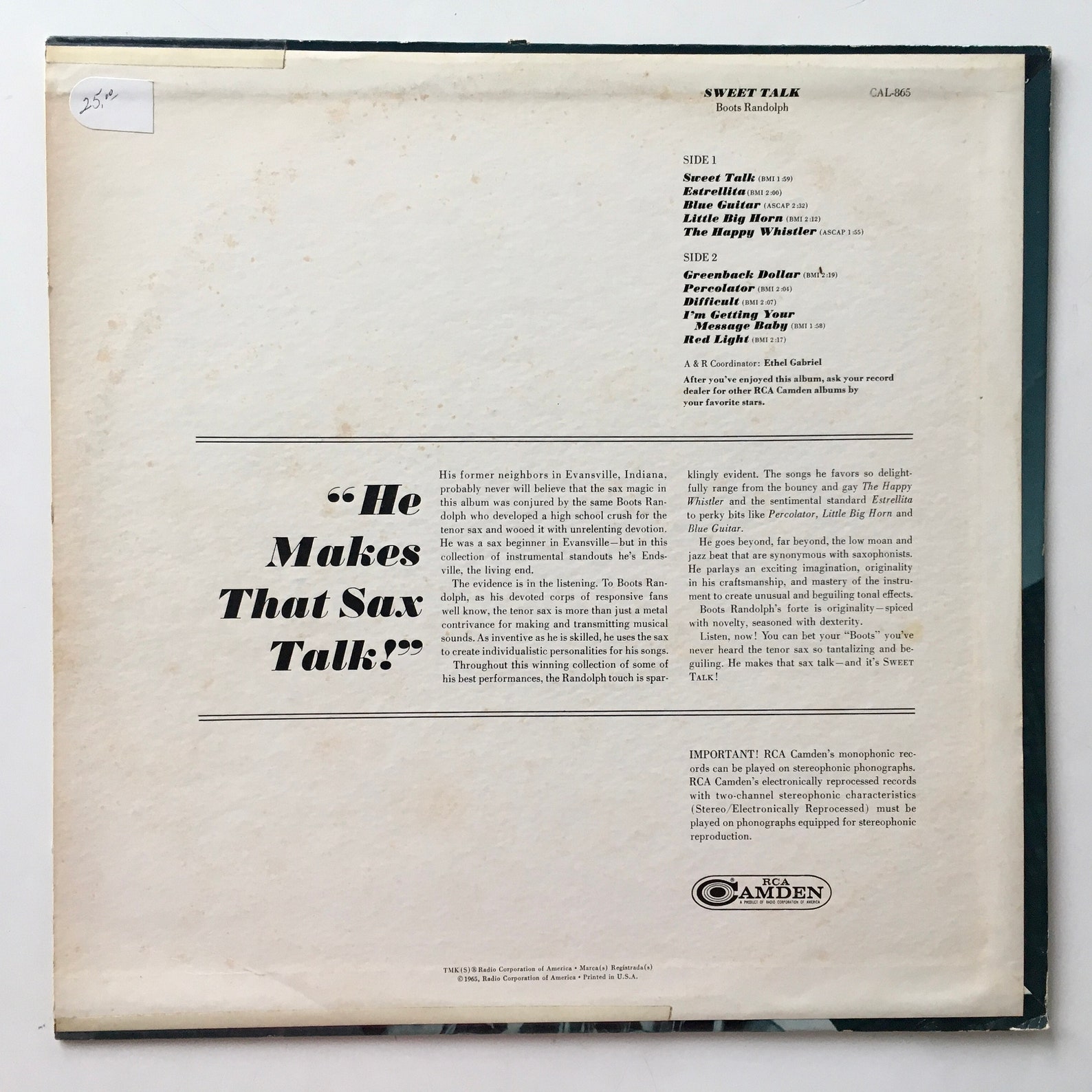 Boots Randolph - Sweet Talk LP Vinyl Record Album, RCA Camden - CAL 865 ...