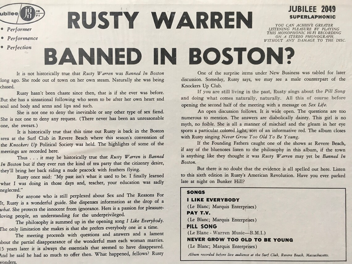 Rusty Warren Banned in Boston LP Vinyl Record Jubilee - Etsy