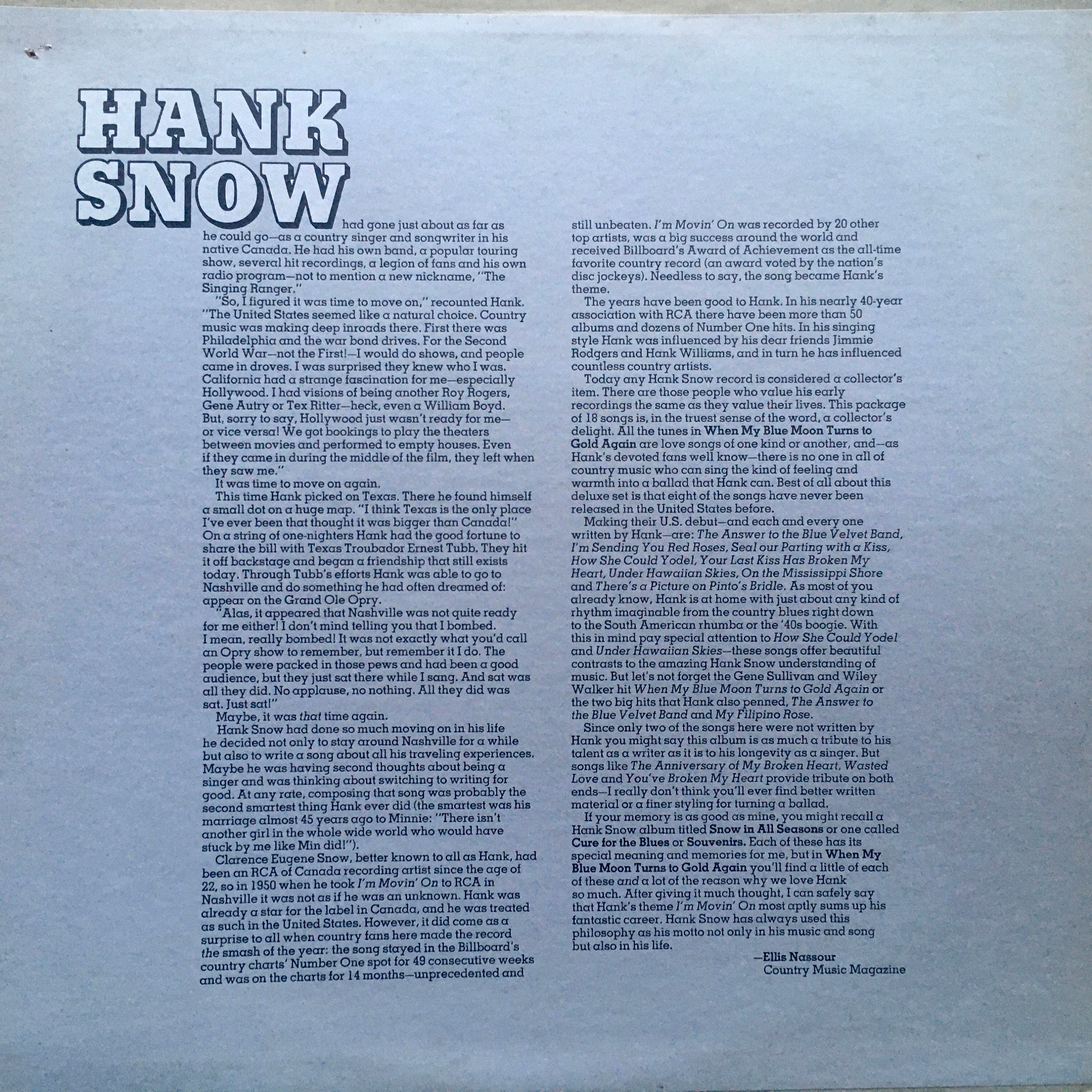 Hank Snow - When My Blue Moon Turns to Gold Again Double LP Vinyl ...