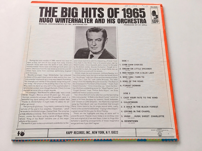 The Big Hits of 1965 LP Vinyl Record Album, Kapp-ks-3429, 1965 ...
