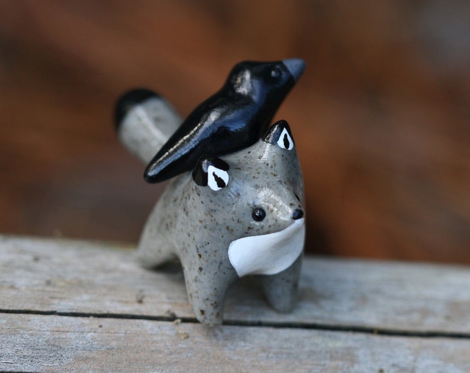 Made to Order Wolf With Crow Guide Totem, Clay Wolf and Bird Sculpture ...