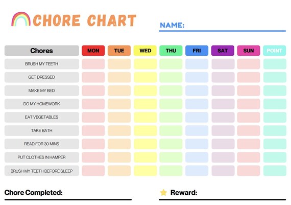 Rainbow Printable Weekly Chore Chart | Etsy UK
