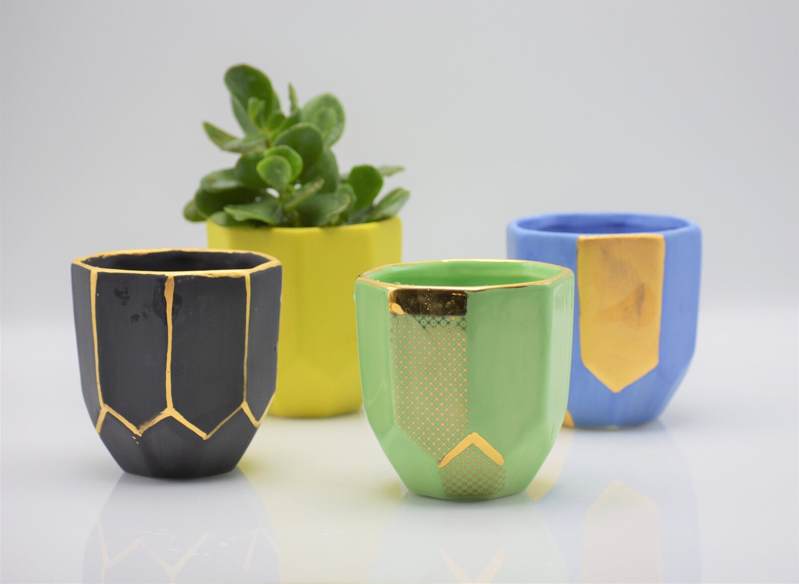 Small Faceted Planter Satin Black and Gold, Desk Planter - Etsy