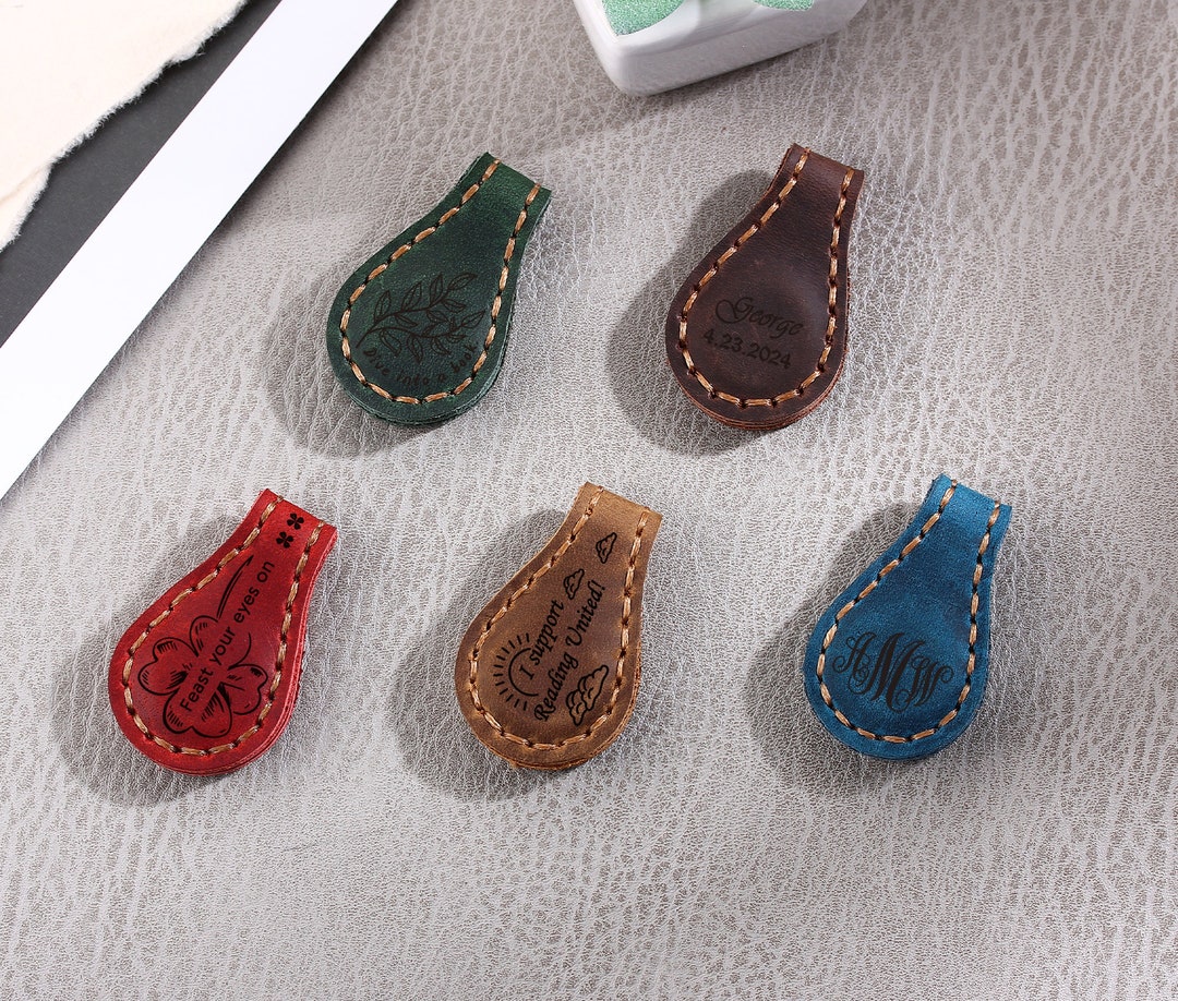 Personalised Leather Magnetic Bookmark, Engraved Leather Bookmark, Book ...
