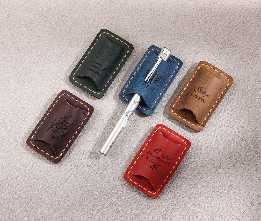 Personalised Pen Holder Clip, Engraved Genuine Leather Double Pen Clip ...