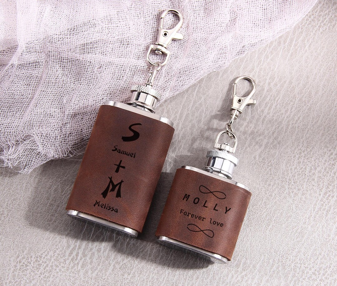 Leather Flask Keychain, Personalized Pocket Flask Key Chain, Groomsmen ...