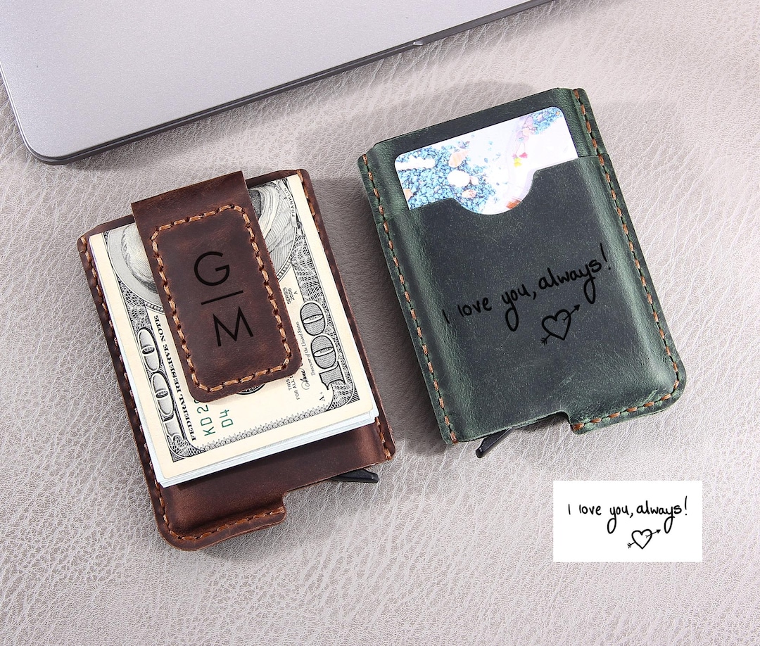 Personalized Leather Card Holder, Engraved Handwriting Leather Pop-up ...