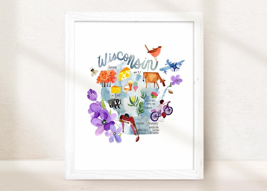 Wisconsin Map State Art Print, WI Prints, Wall Decor, Madison WI Green ...