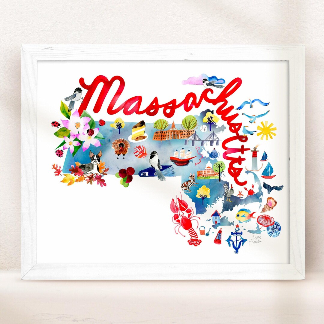 Unique Massachusetts Map Art - Boston Themed Wall Decor & Travel Gift ...
