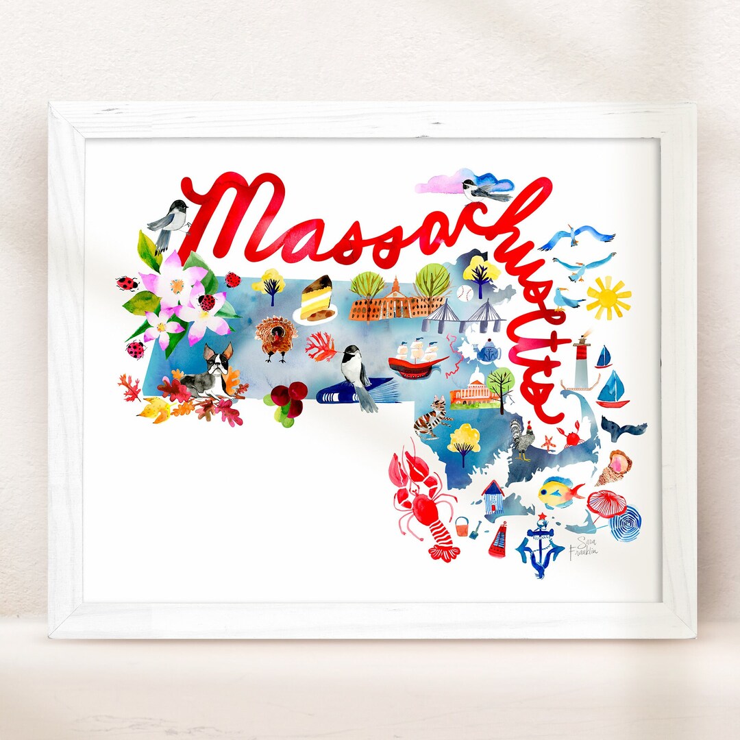 Unique Massachusetts Map Art - Boston Themed Wall Decor & Travel Gift ...