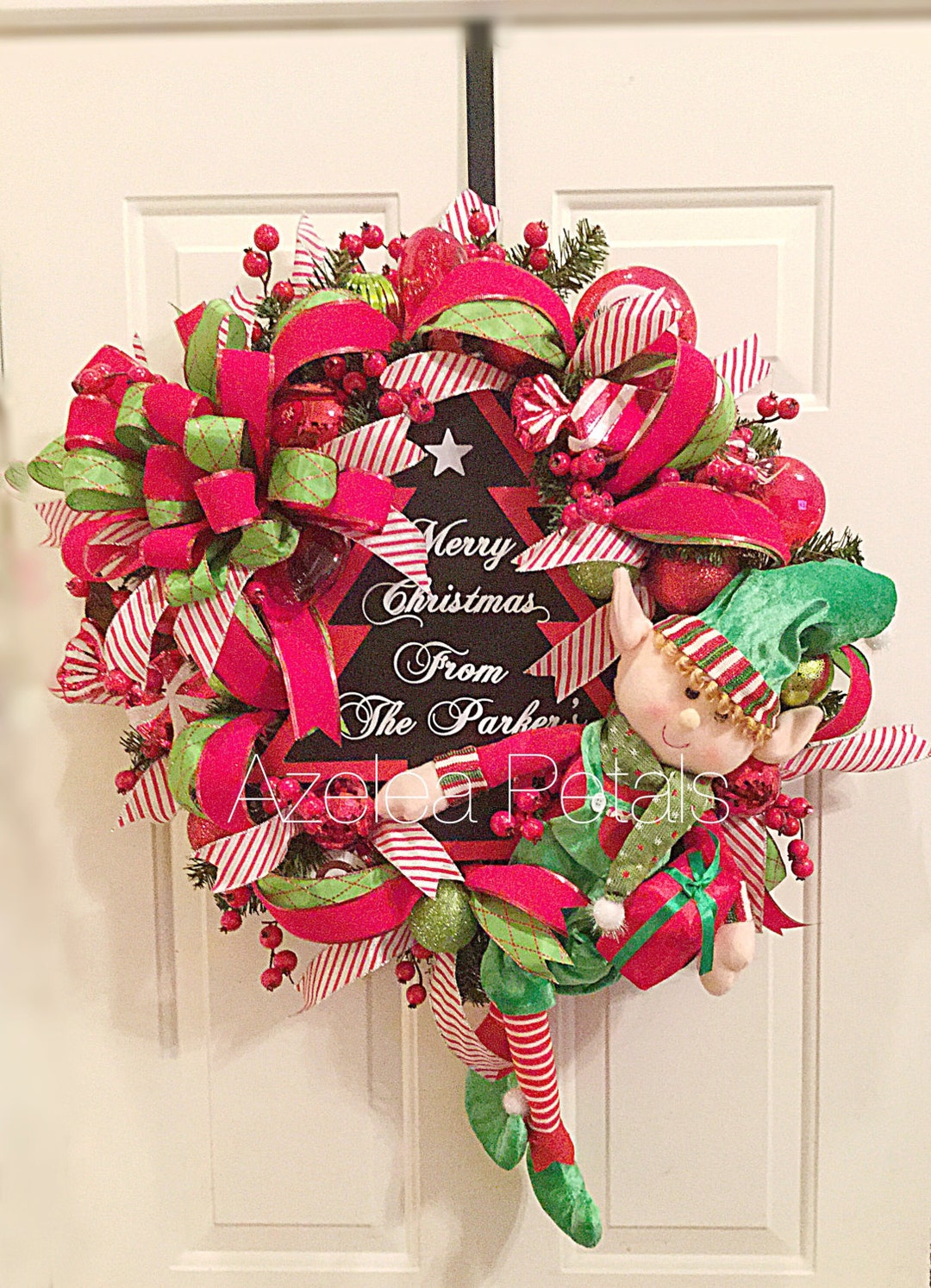 Raz Candy Cane Personalized Christmas Wreath, Custom Name Elf Monogram ...