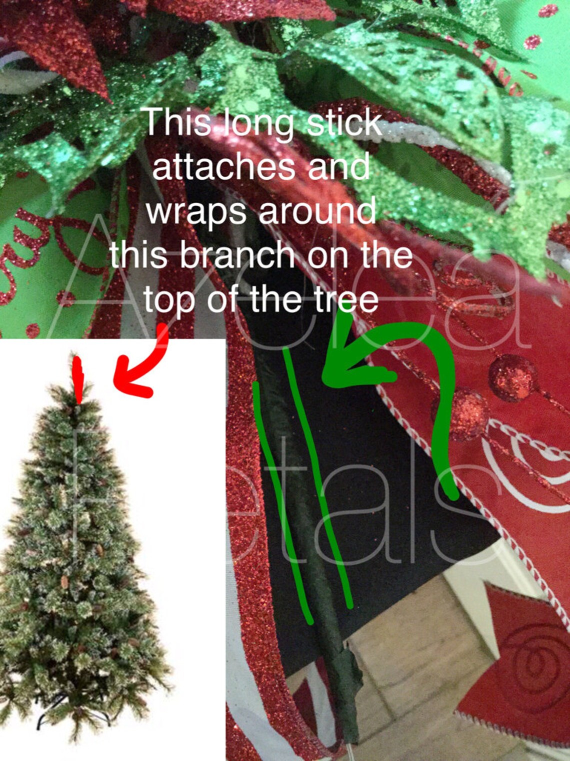 Present Christmas Tree Topper, Gold Red and Lime Green Bow, Chevron ...