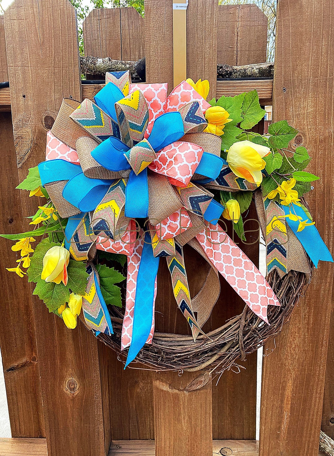 Spring or Summer Wreath, Mother’s Day Front Door, Initial Door Hanger ...