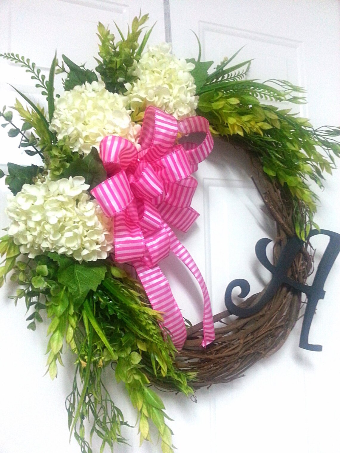 Wooden Initial Pink Hydrangea Wreath Monogram Summer Wreath - Etsy