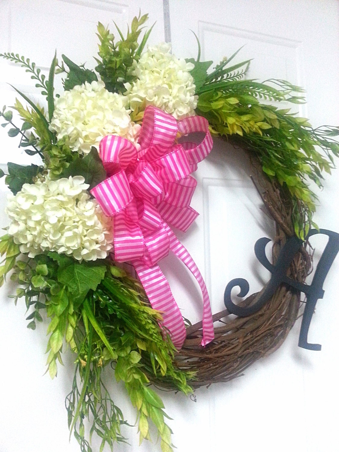 Wooden Initial Pink Hydrangea Wreath Monogram Summer Wreath - Etsy