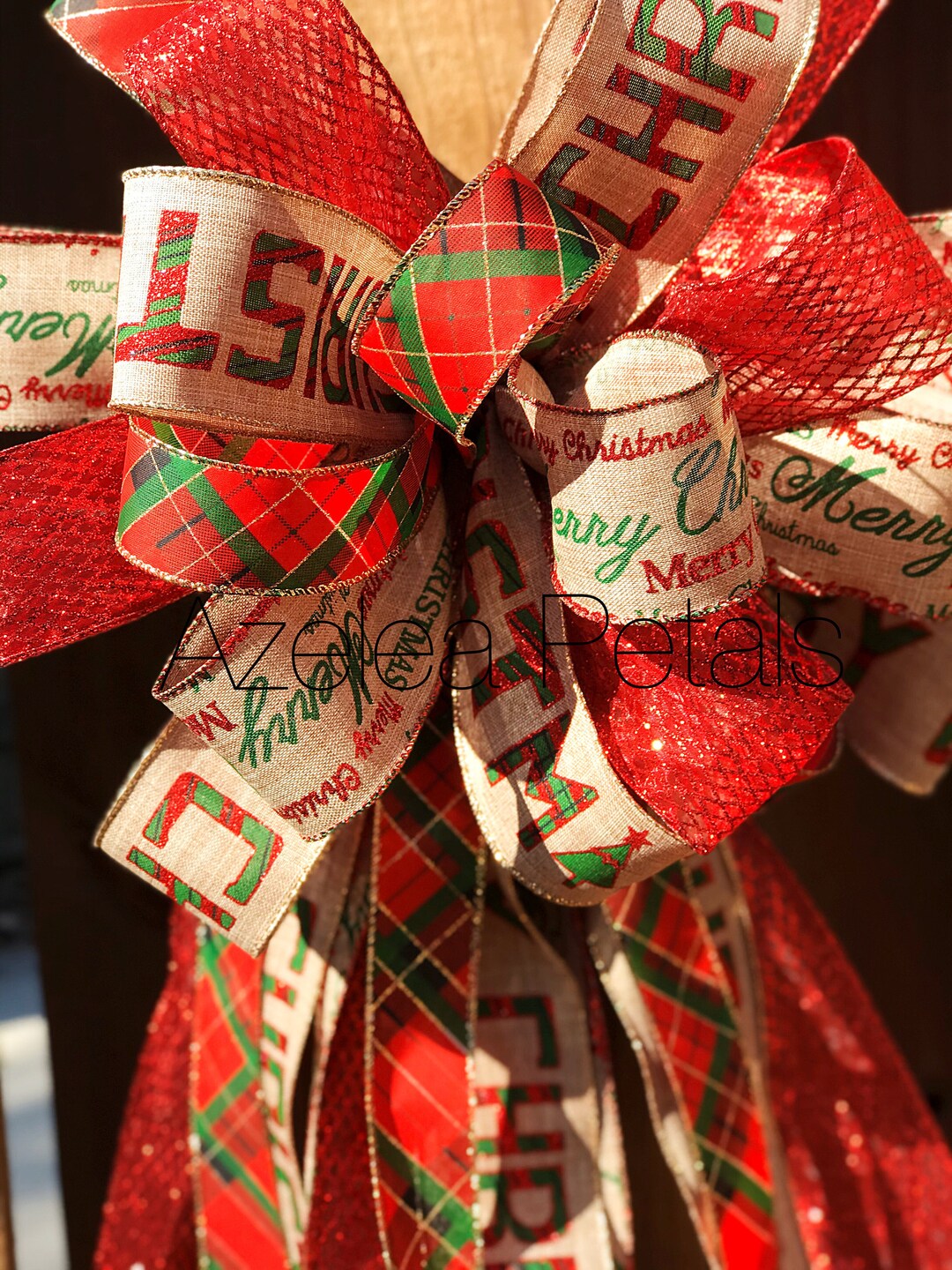 Red Plaid Rustic Tree Topper Bow, Large Burlap Farmhouse Christmas Bow ...