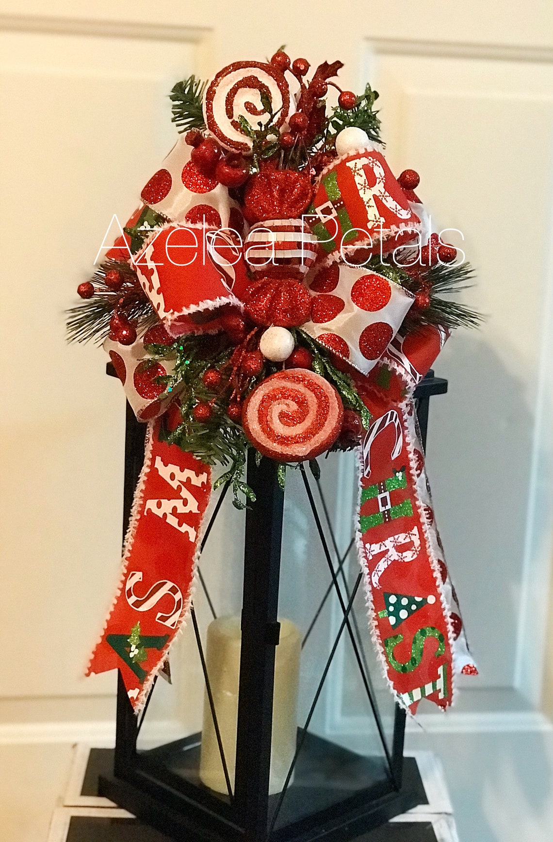 Christmas Candy Lantern Swag, Tree Topper, Christmas Red and White ...