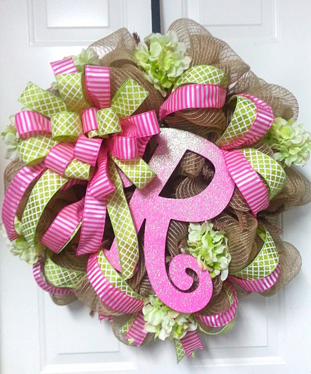 Spring Burlap Monogram Wreath, Wooden Initial Door Hanger, Mothers Day ...