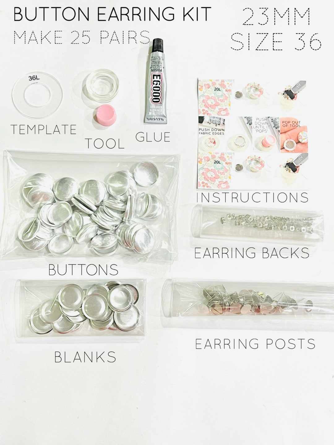 23mm Button Earring Self Cover Starter Kit - 25 Pairs Kits - Plus Range ...