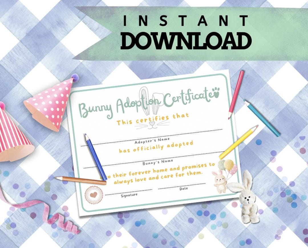 Printable Bunny Adoption Certificate | Bunny Birthday | Bunny Party ...