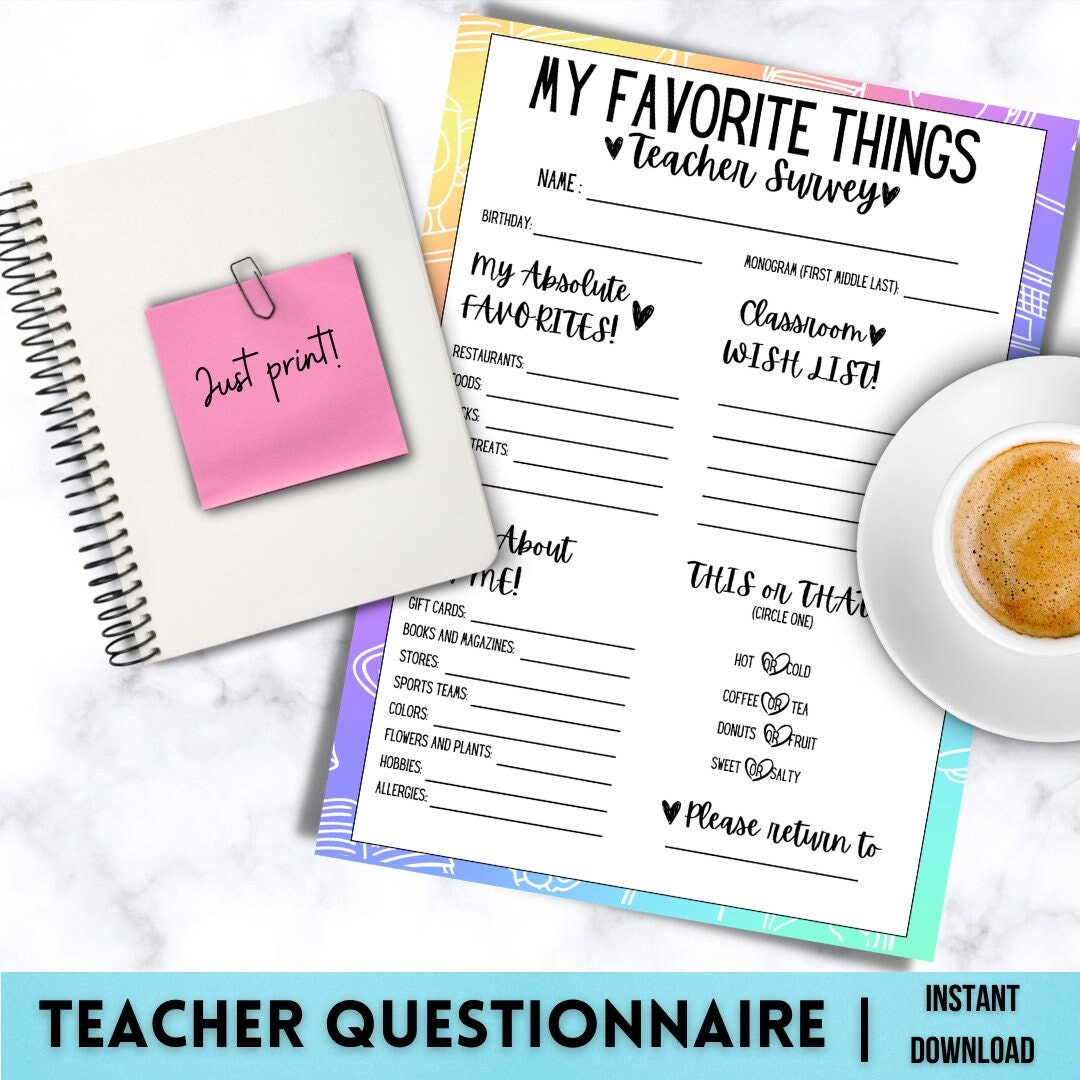 Teacher's Favorite Things Questionnaire | Back to School Survey ...