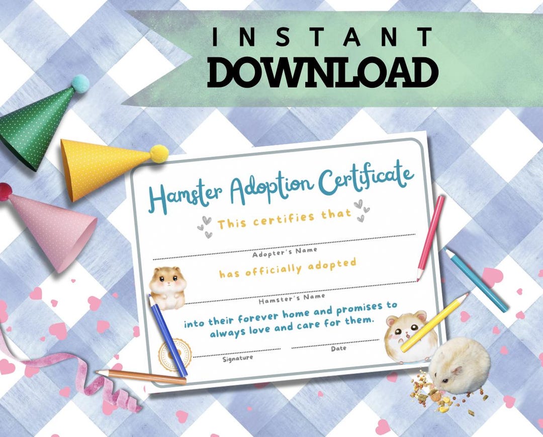 Printable Hamster Adoption Certificate | Hamster Birthday | Hamster ...