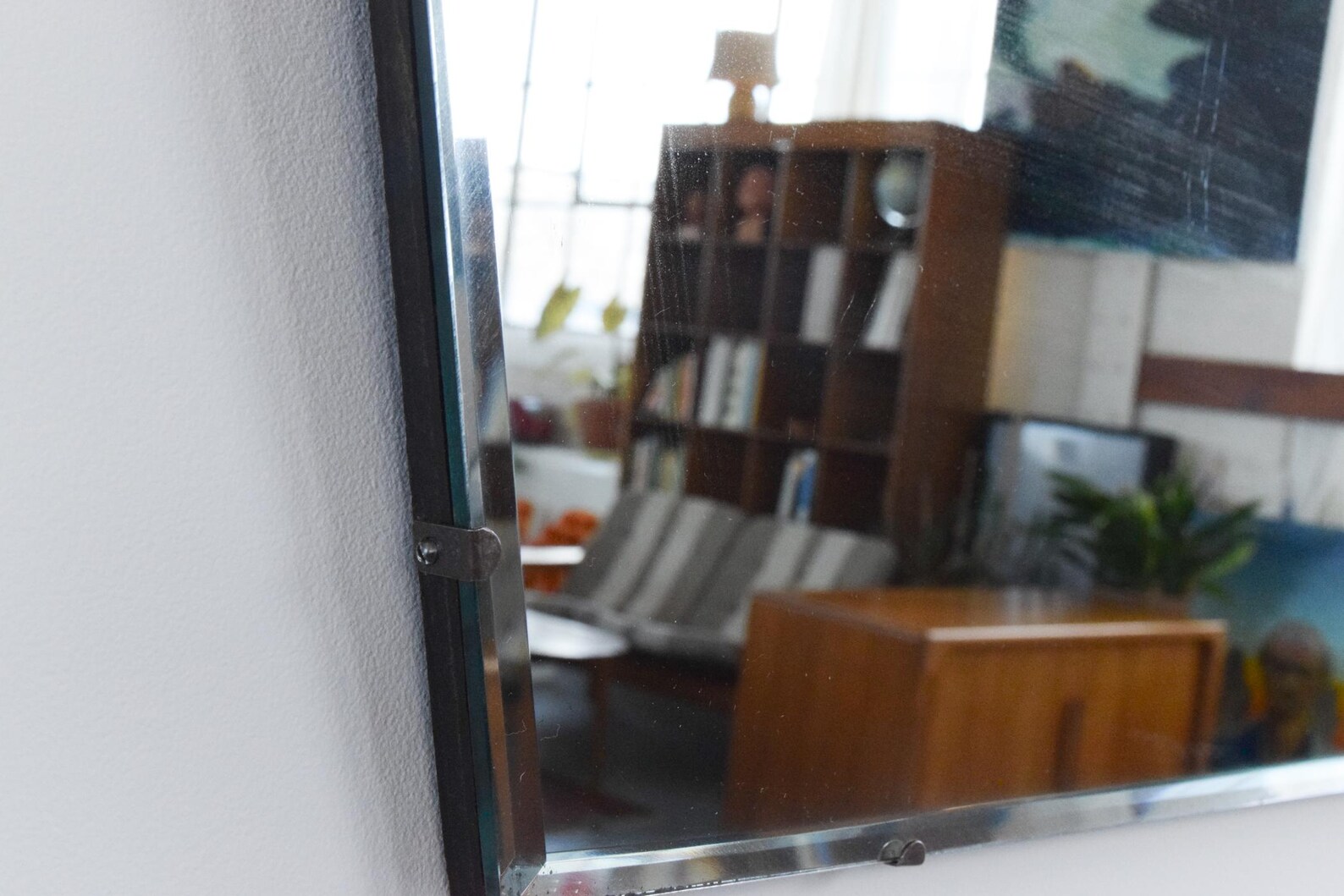 Vintage Art Deco Frameless Bevelled Wall Mirror With Chrome Decorative ...