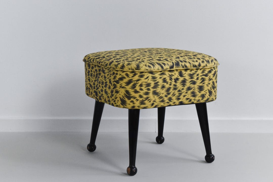 Vintage 1950s Yellow Leopard Print Foot Stool / Sewing Box by Sherborne ...