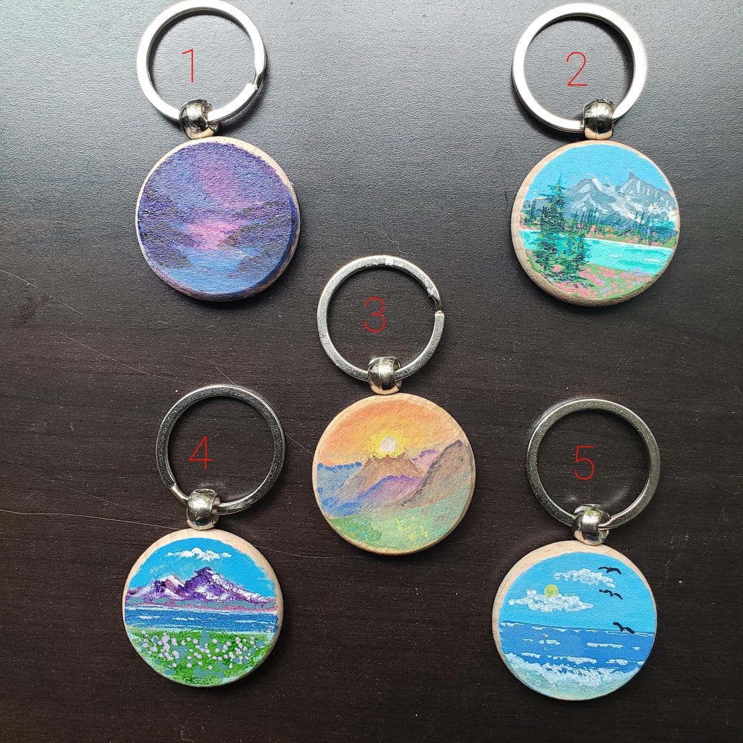 Hand Painted Circle Wooden Keychains, Mini Landscape Acrylic Paintings ...