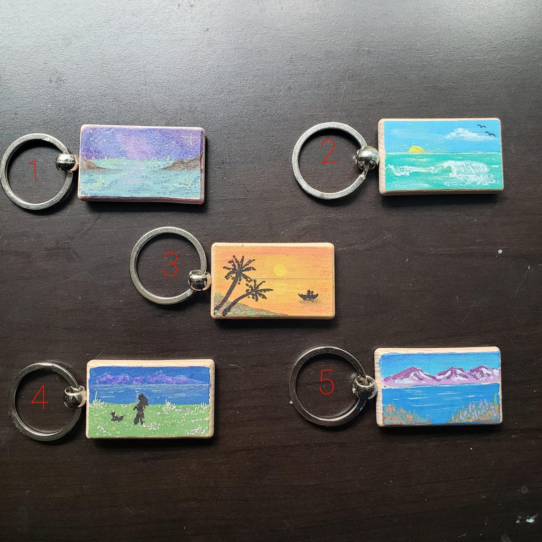 Hand Painted Rectangular Wooden Keychains, Mini Landscape Acrylic ...