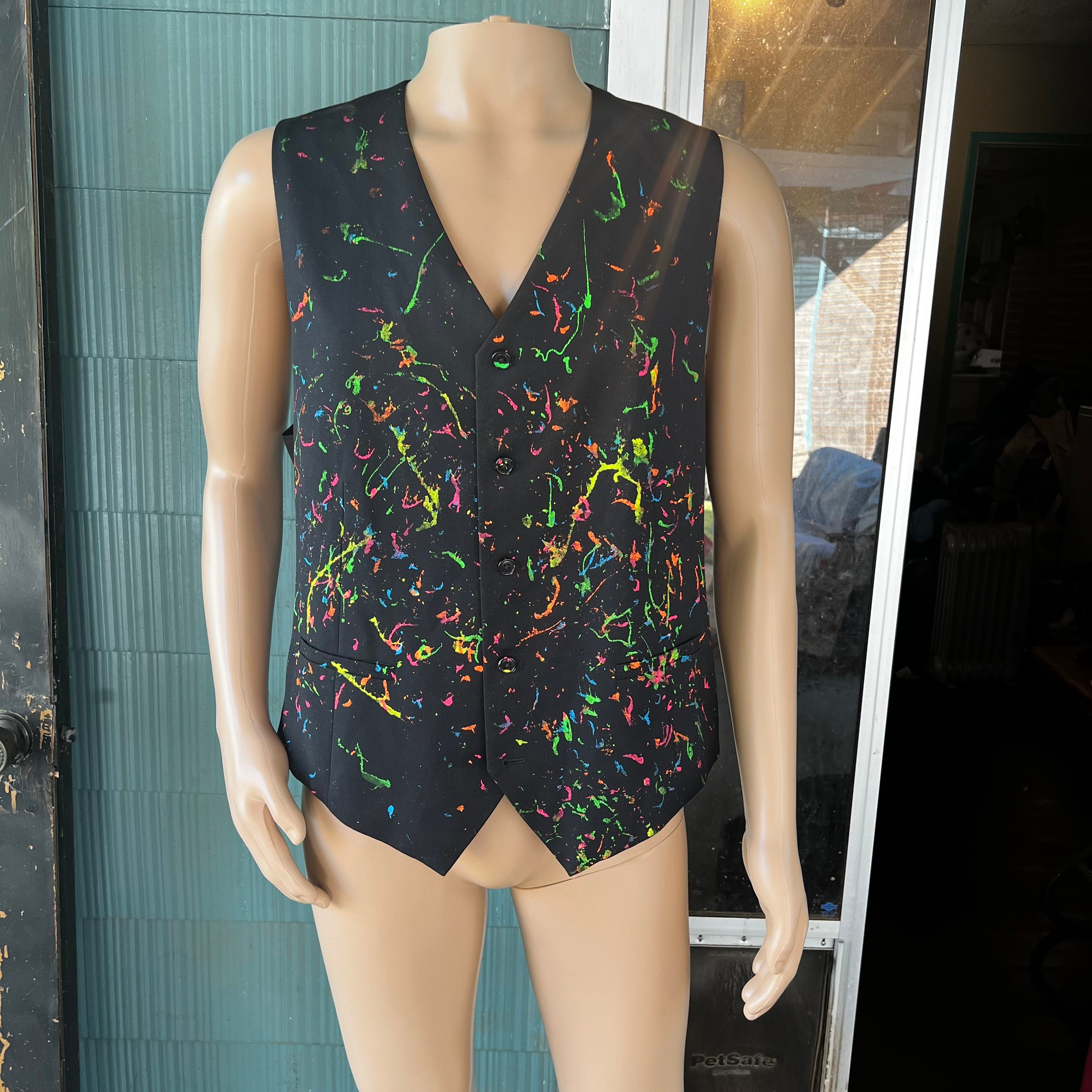 Vintage Mens Neon Splatter Paint Black Art Vest Wearable Art Size Large ...