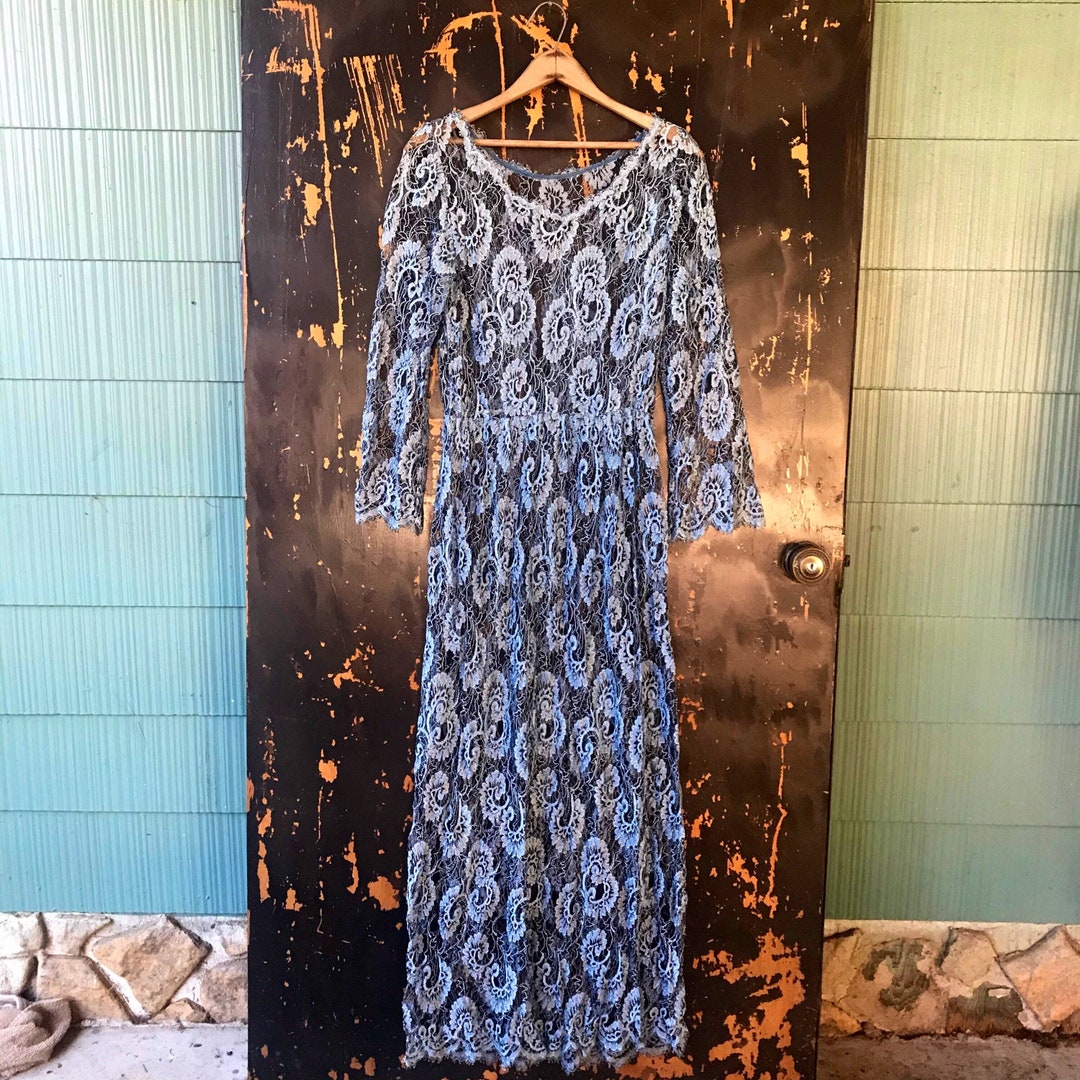 Vintage Transparent Blue All Lace Bell Sleeve Maxi Dress Size Small ...