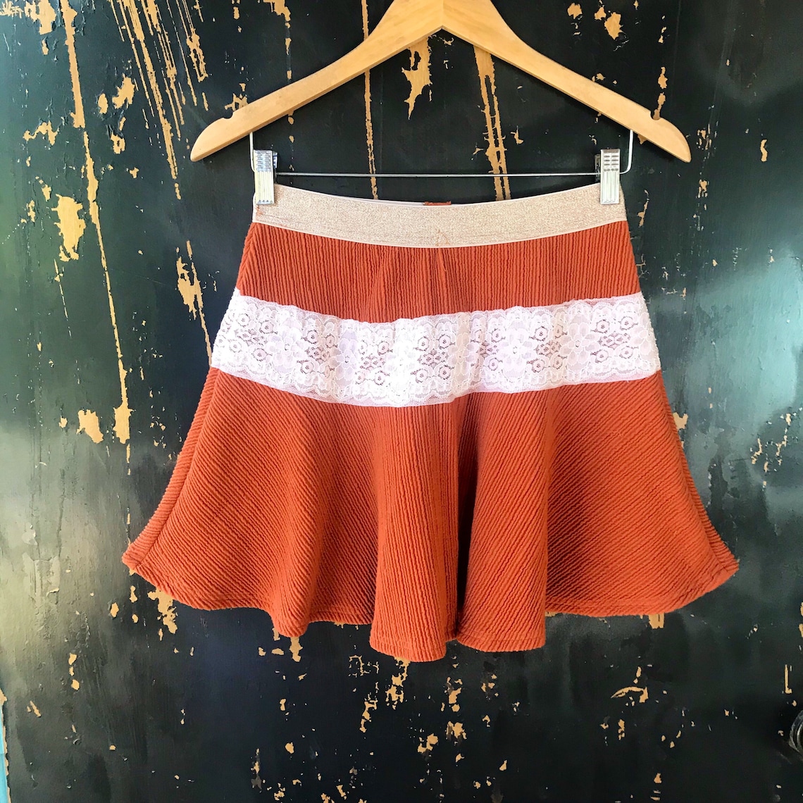Vintage Burnt Orange Mini Skirt With Lace Detail Metallic Gold Sparkle ...