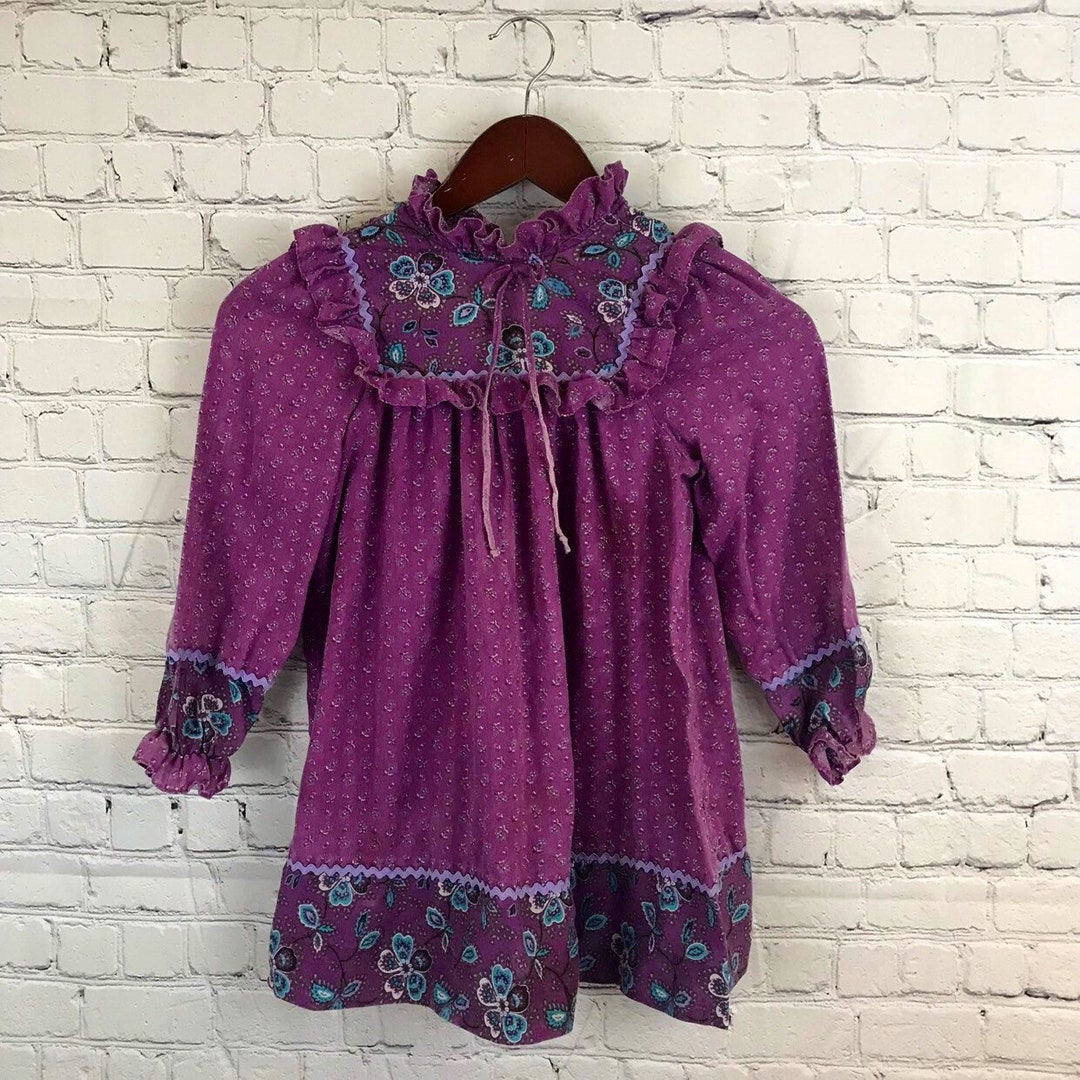 Vintage 60's Little Girl's Purple Floral High Collar Prairie Dress ...