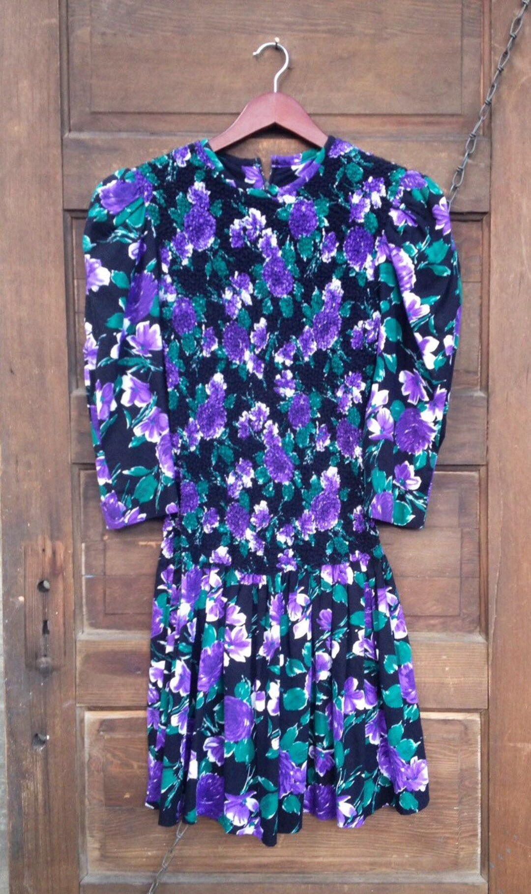 Vintage 70 s Black And Purple Floral Puffed Sleeve Midi Dress With