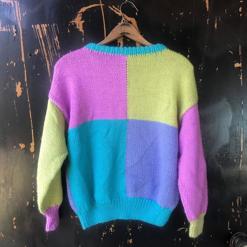 Vintage 80s/90s Bright Color Block ABC Knit Sweater Handmade - Etsy