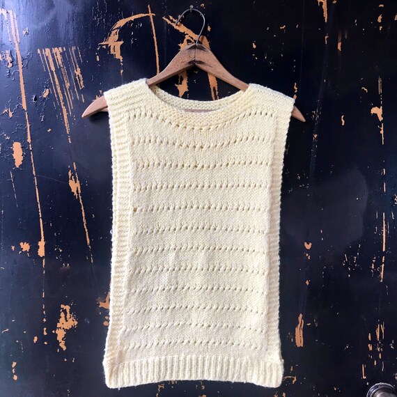 Vintage 70's Mod Pale Yellow Crochet Tank Top Sweater… - Gem