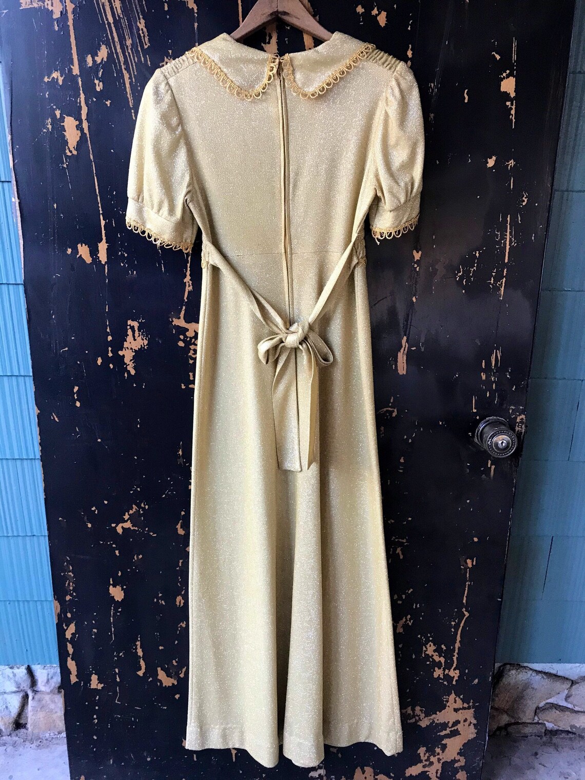Vintage 70's Sparkling Metallic Gold Puff Shoulder Lace Collar Empire ...